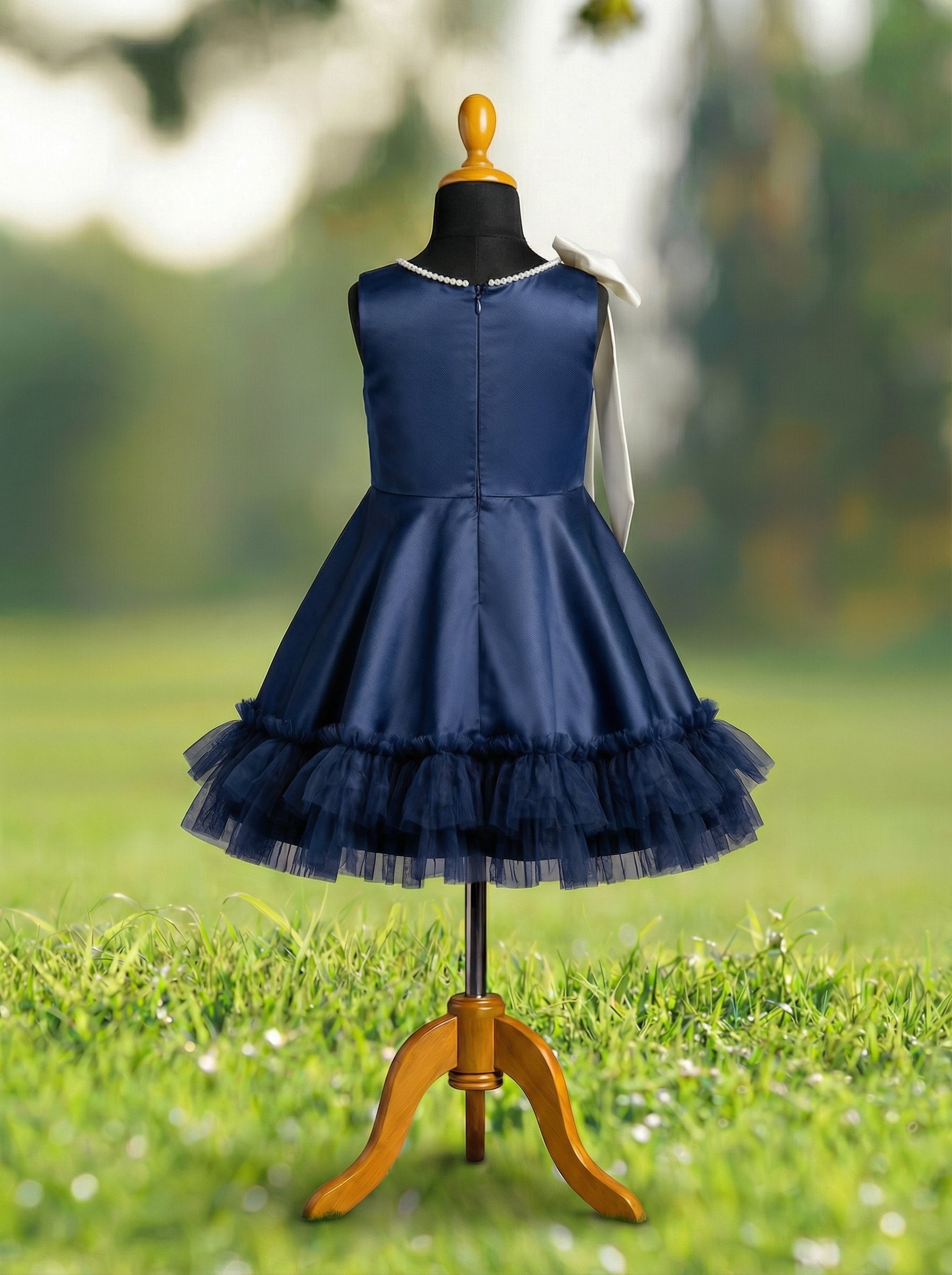 Navy Blue Pearl Embellished Dress with Ivory Bow | Sleeveless Party Dr